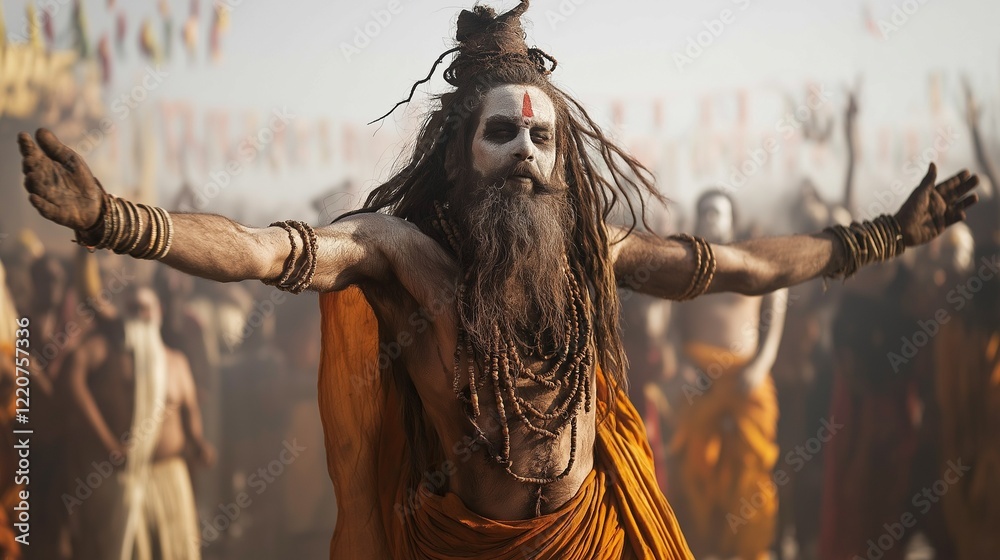 Hindu sadhu with ash covered face and flowing hair performing a ...