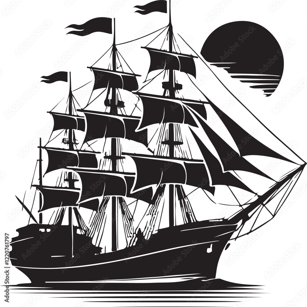 Pirate boats and Old different Wooden Ships with Fluttering Flags ...