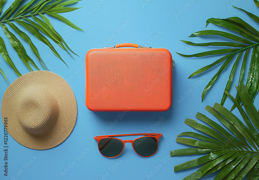 Fondo azul visto desde arriba con hojas de palmera, una meleta retro ...