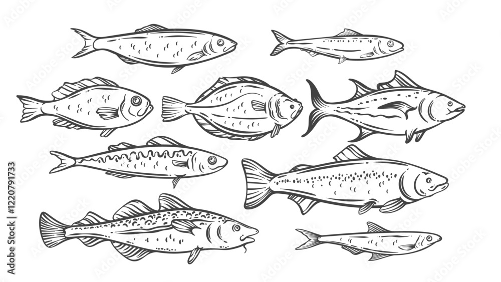 Sea and ocean fishes line icon set. Outline hand drawn sketches of ...