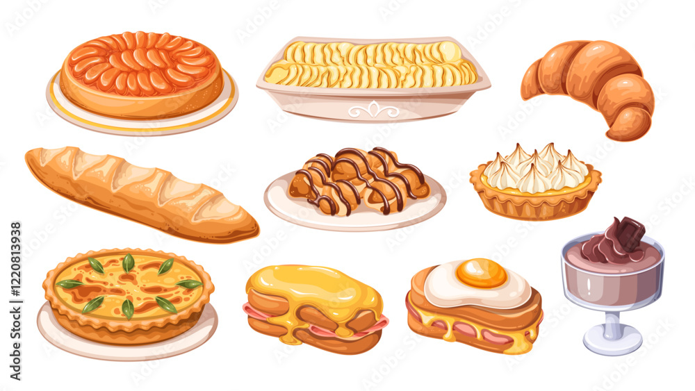 French cuisine, restaurant and homemade menu cartoon set. Baked ...
