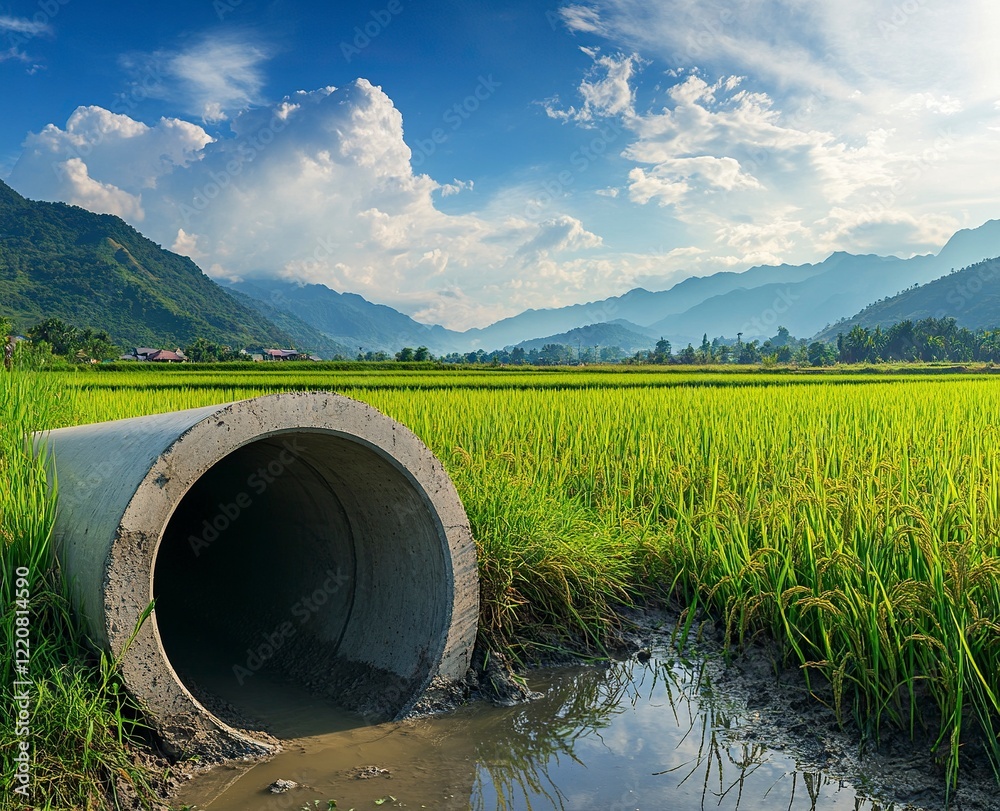 Eye-level view of a concrete pipe water conduit for underground slabs ...