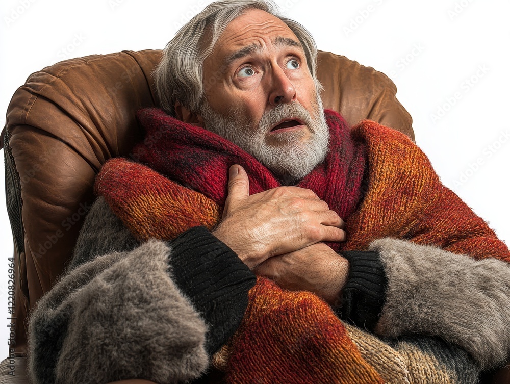 Elderly man experiencing acute chest pain, gasping for breath in a ...