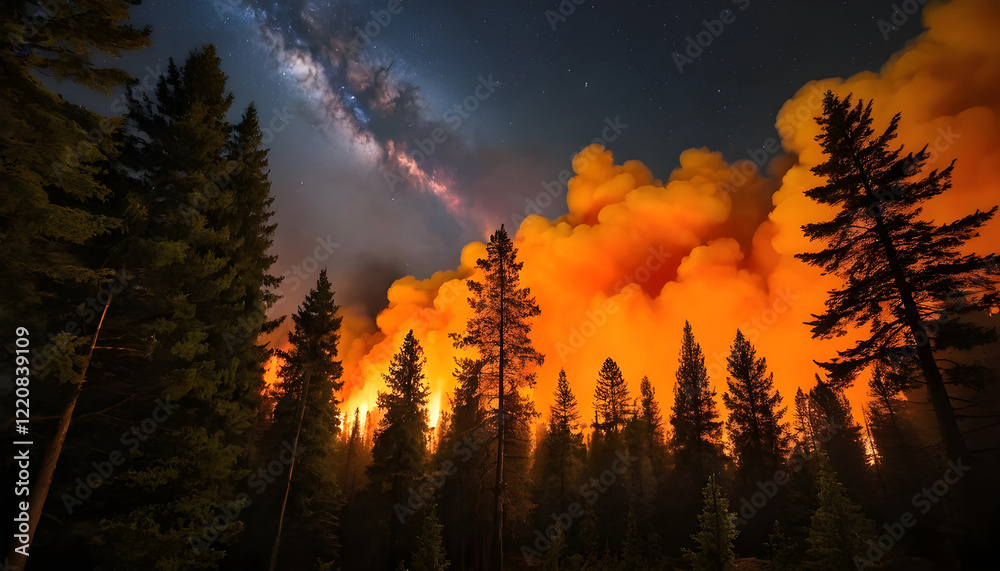 Devastating Wildfire: Tall Trees Engulfed in Intense Flames and Thick ...