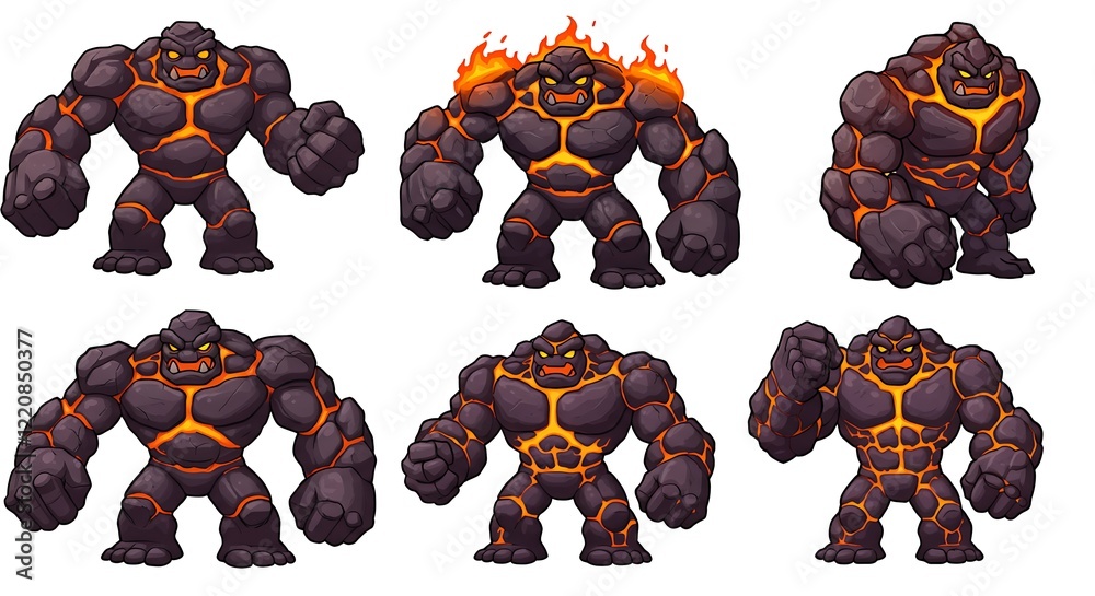 Rocky magma giant golem cartoon vector set. Magic stone lava big fist ...