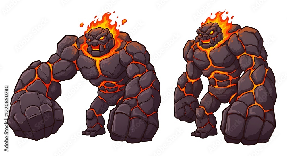 Rocky magma giant golem cartoon vector set. Magic stone lava big fist ...