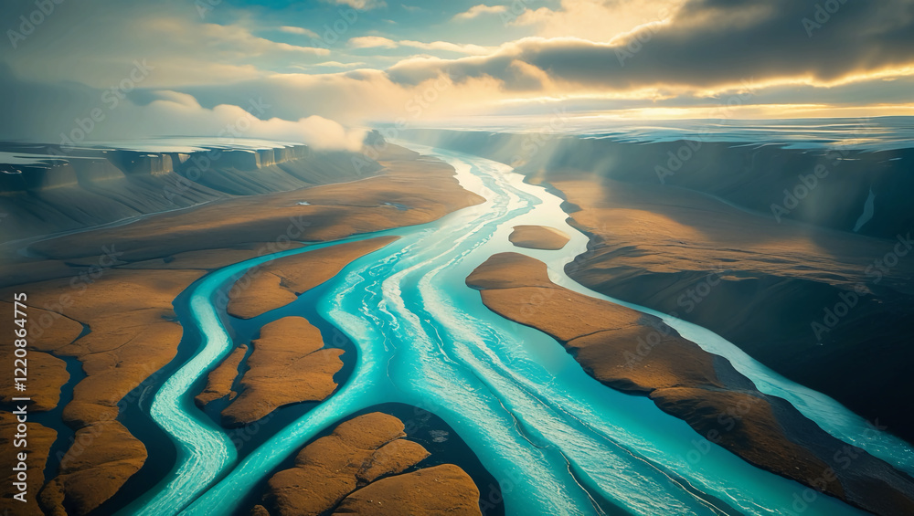 An aerial drone image of a massive riverbed and delta in Iceland ...