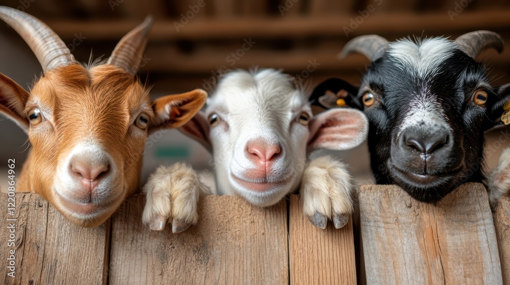 A charming photo of three goats showing their friendly faces while ...