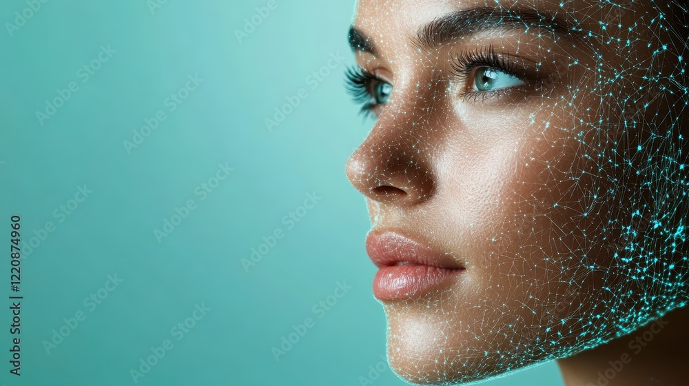 An innovative portrait showcasing a woman’s face adorned with a digital ...