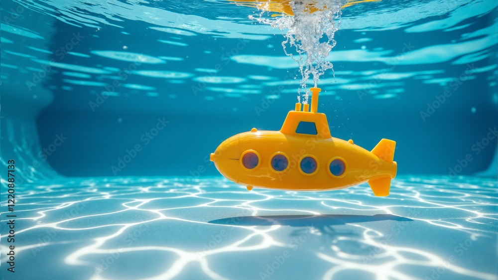 Yellow plastic submarine floating in a pool with bubbles creating a ...