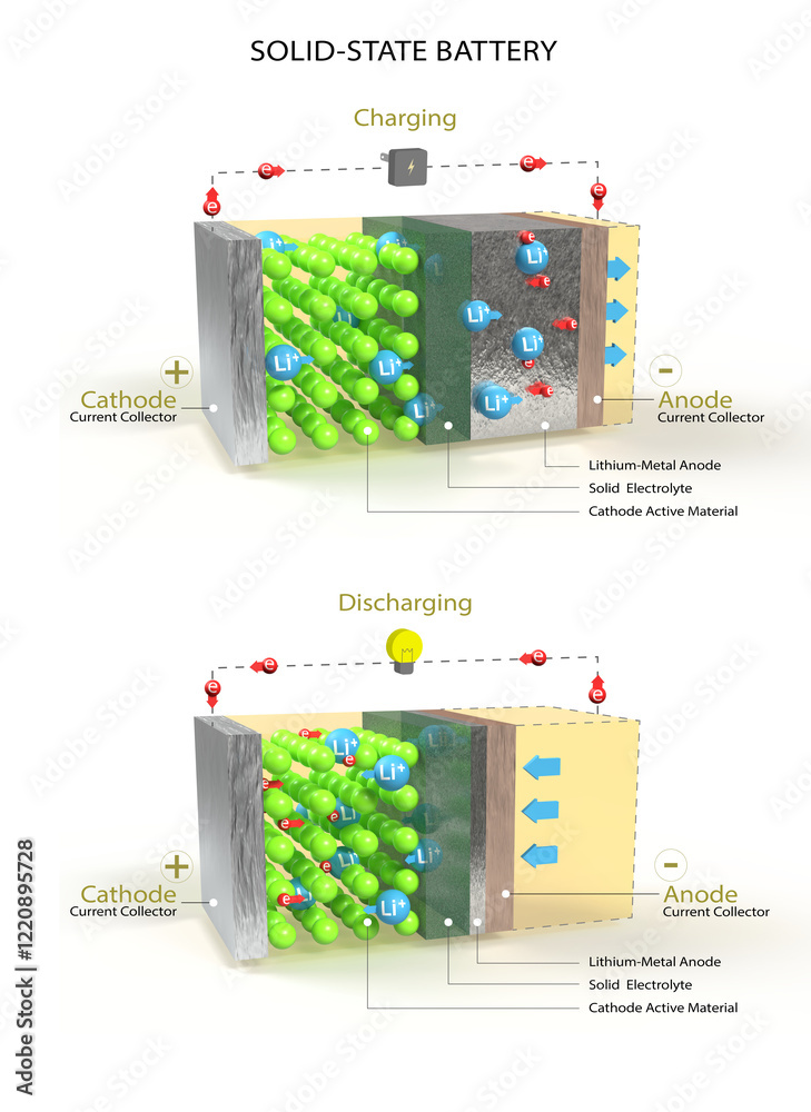 How a solid-state battery works: charge and discharge fundamentals. 3D ...