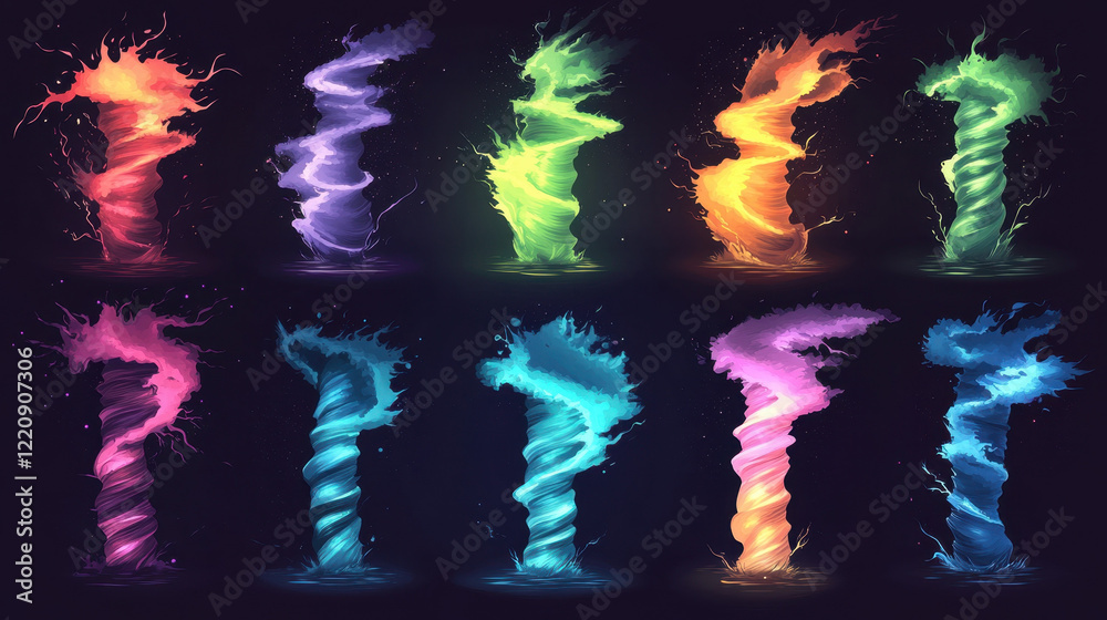 Color twisted tornado. Tropical storms, magic whirlwinds and vortex ...