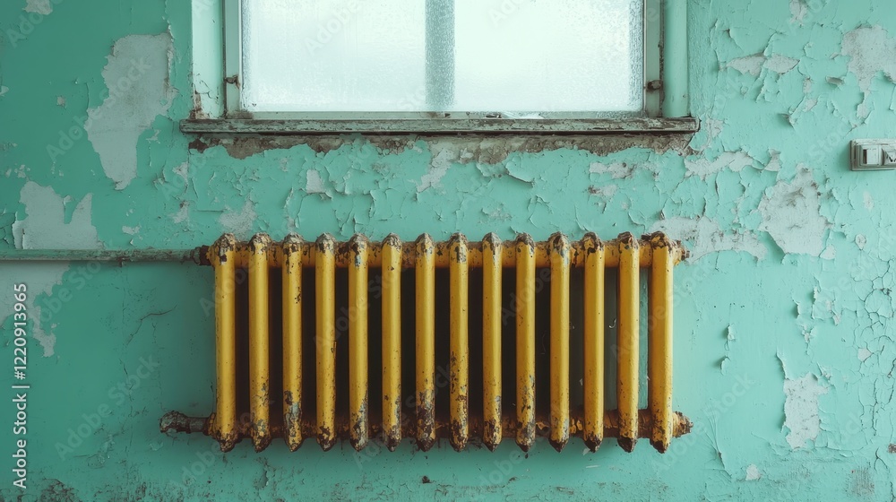 This image exhibits a rustic yellow radiator positioned on a turquoise ...