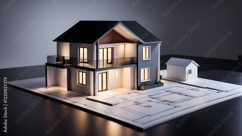 Illuminated architectural model of a two-story house with balcony and ...
