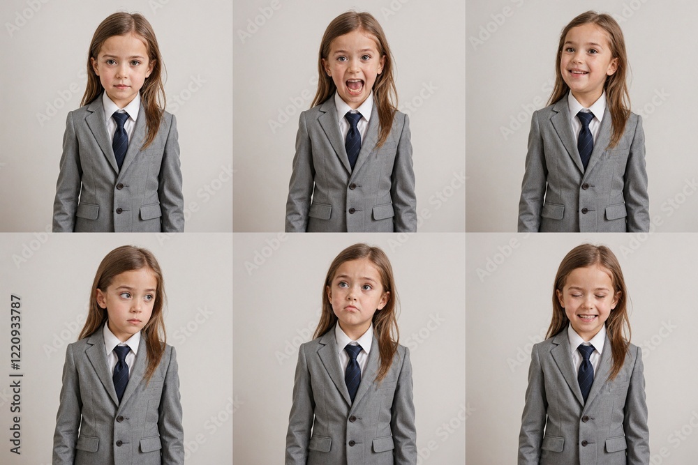 collage of six photos features a young girl in a gray suit and tie ...