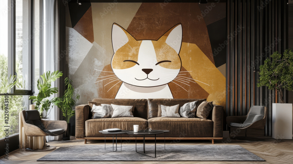 Happy Cat Mural in Modern Living Room: A charming cartoon cat mural ...