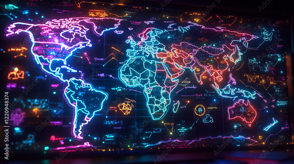 Neon world map display showcasing global connections and data ...