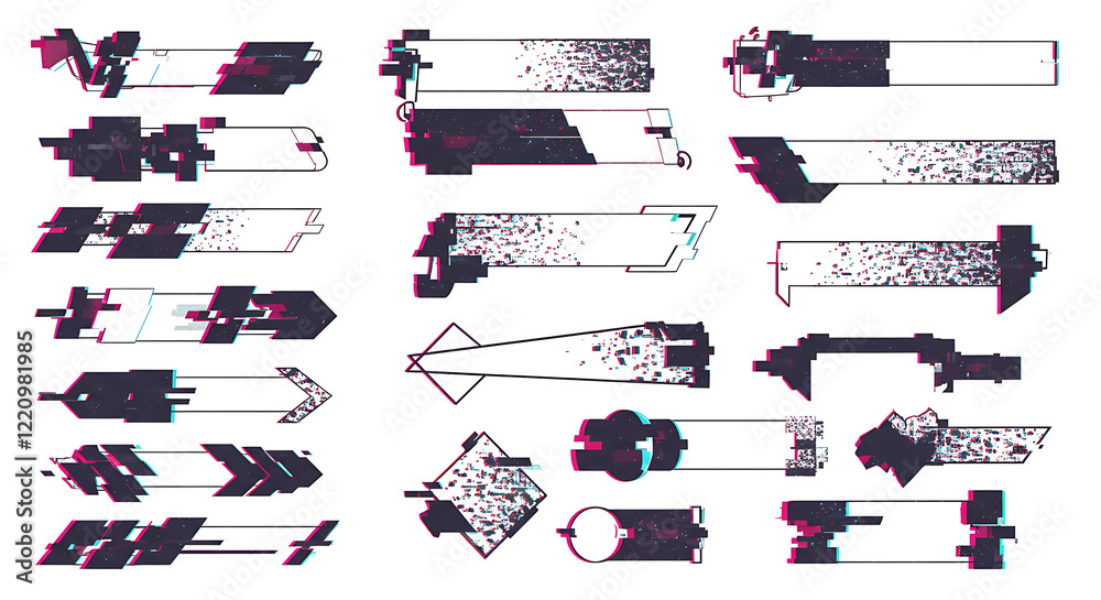 Glitch effect banners and frame set. Futuristic design with glitchy ...