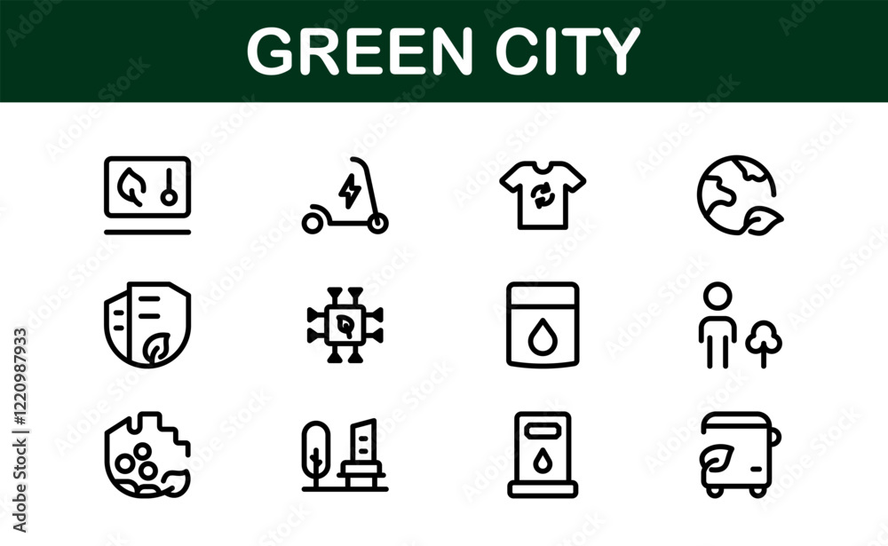 Eco Green City Icon Set. Minimalist Line Icons for Sustainability ...