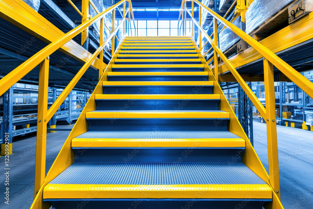Bright yellow stairs leading to a warehouse with open space and shelves ...