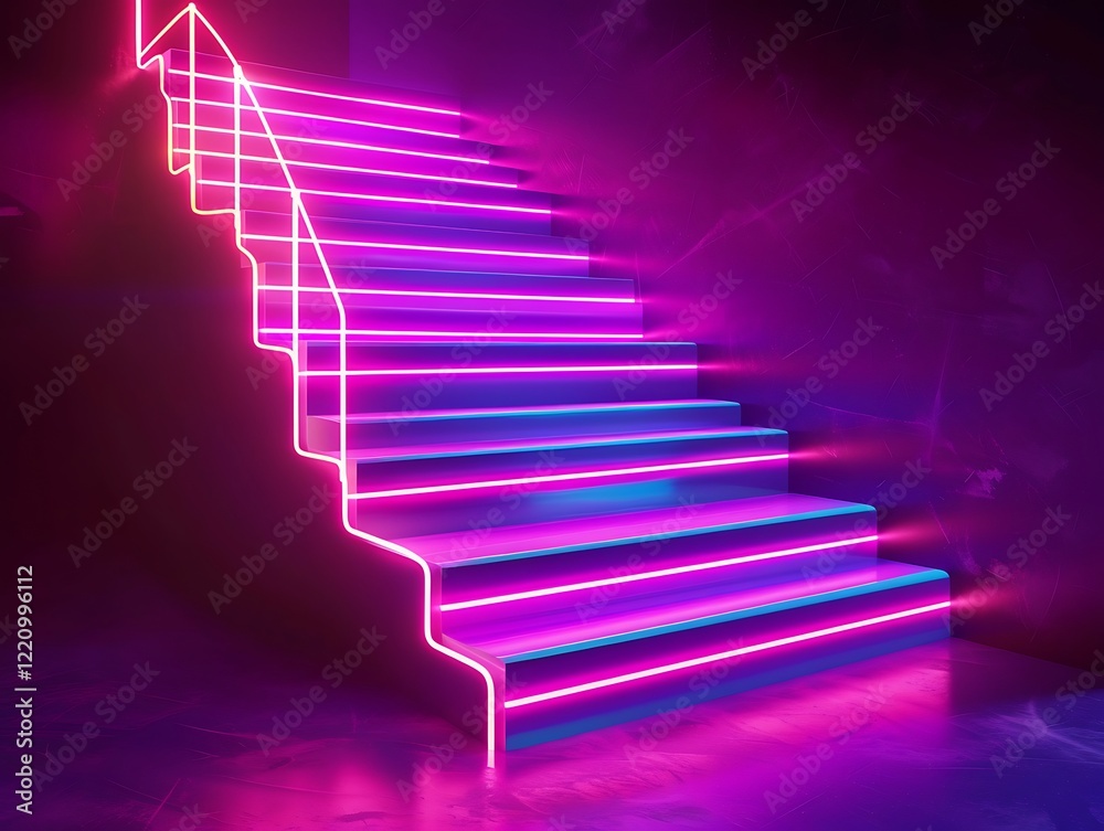 Glowing neon stairs on a dark background, creating an abstract ...