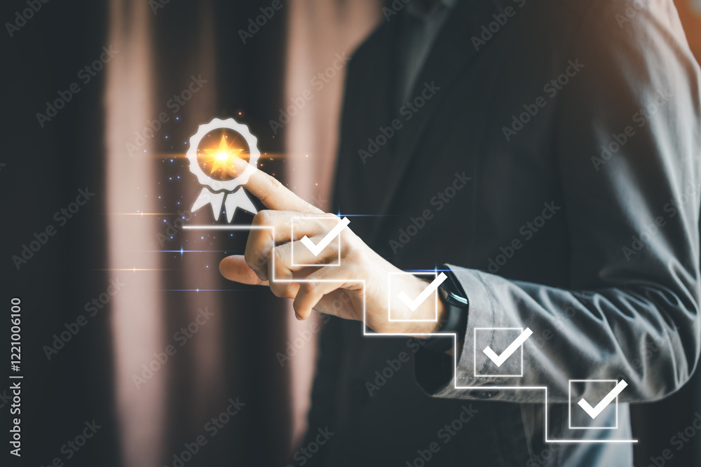 Achievement Pathway, digital checklist with glowing badge, symbolizing goal completion and ...