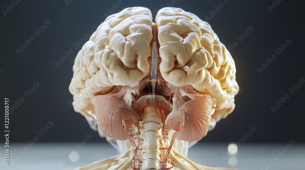 A front view of a 3D brain model including the spinal cord, showing the ...