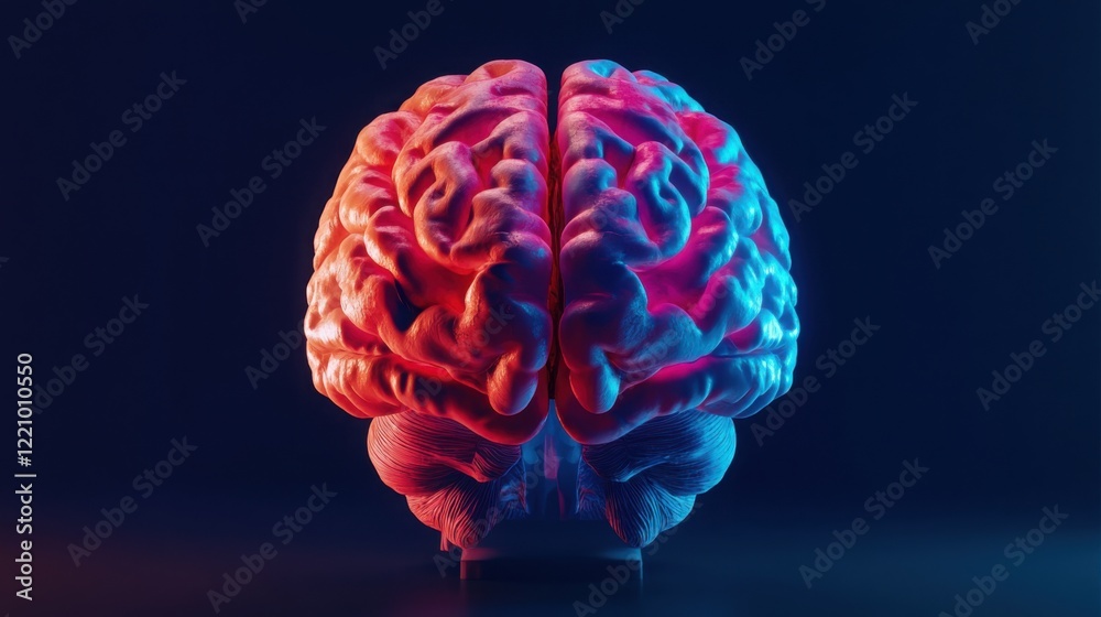 A front view of a 3D brain model showing functional regions like the ...