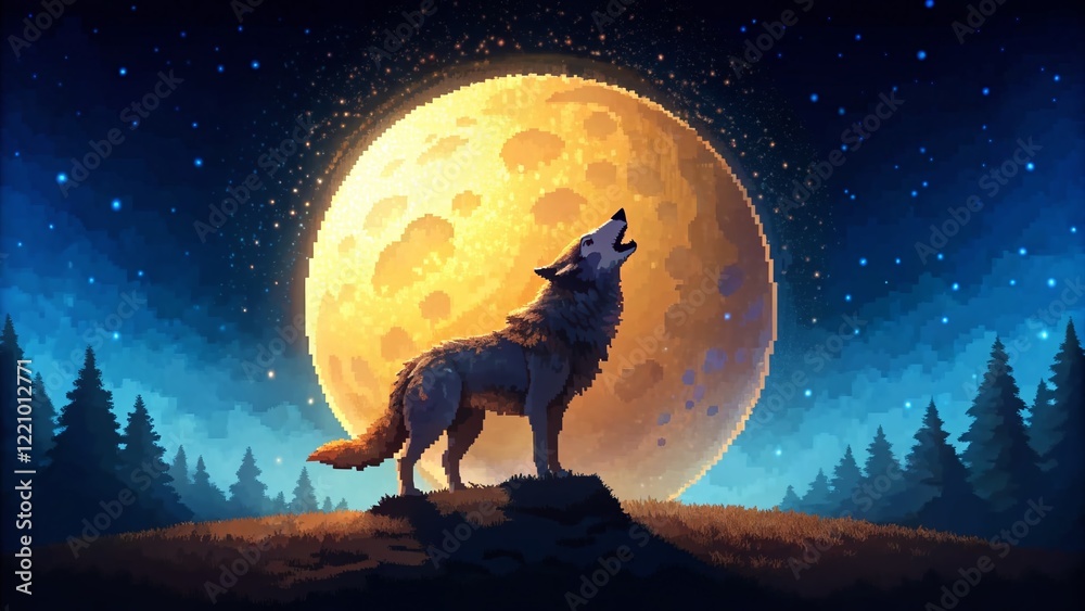 Pixel Art Wolf Howling at Moon: 8-bit Night Scene Architectural ...