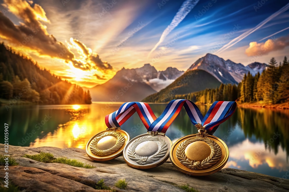Realistic Gold, Silver, Bronze Medals with Ribbons on a Scenic ...