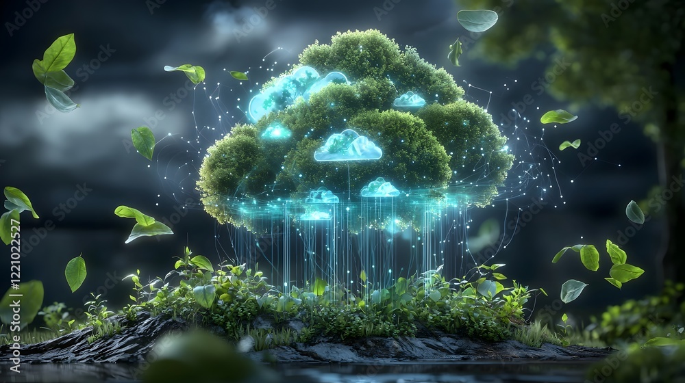 Futuristic scene showcasing cloud based green technology monitoring ...