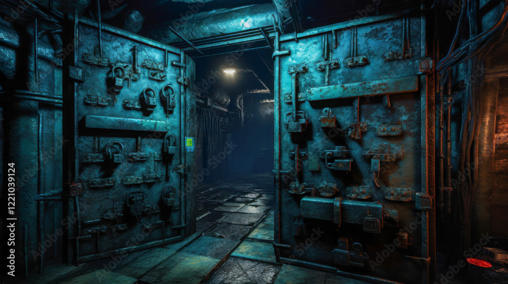 Secret room door closed with an iron lock, dimly lit corridor revealing ...