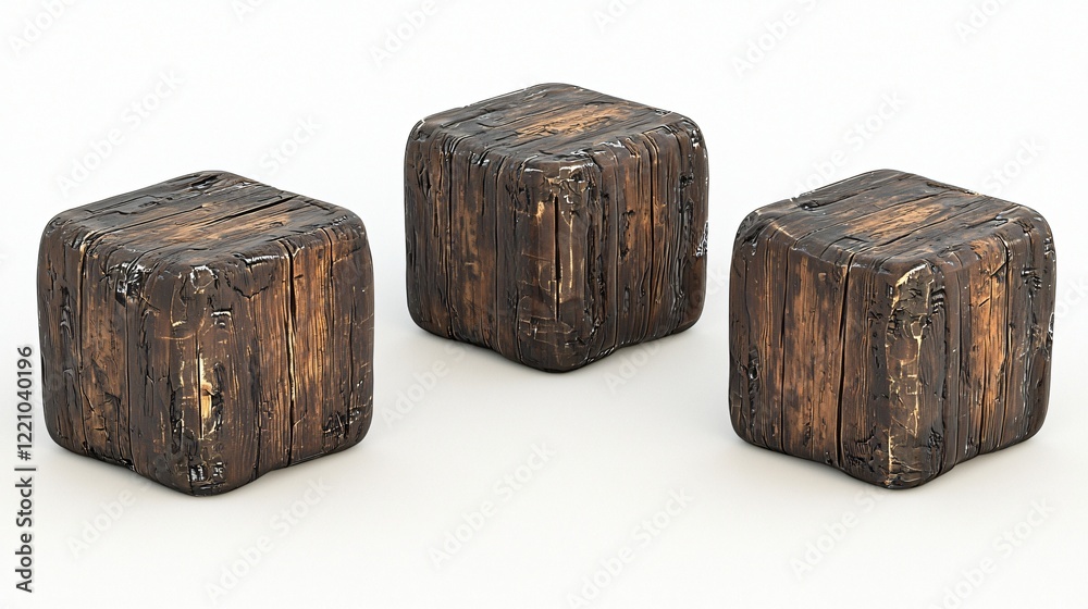 Three wooden cube objects on a plain white background for rendering or ...