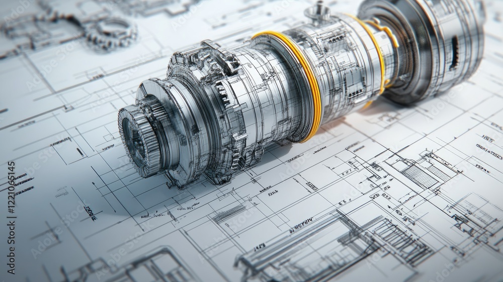 A detailed view of a gearbox design process, with technical blueprints and 3D printed prototypes ...