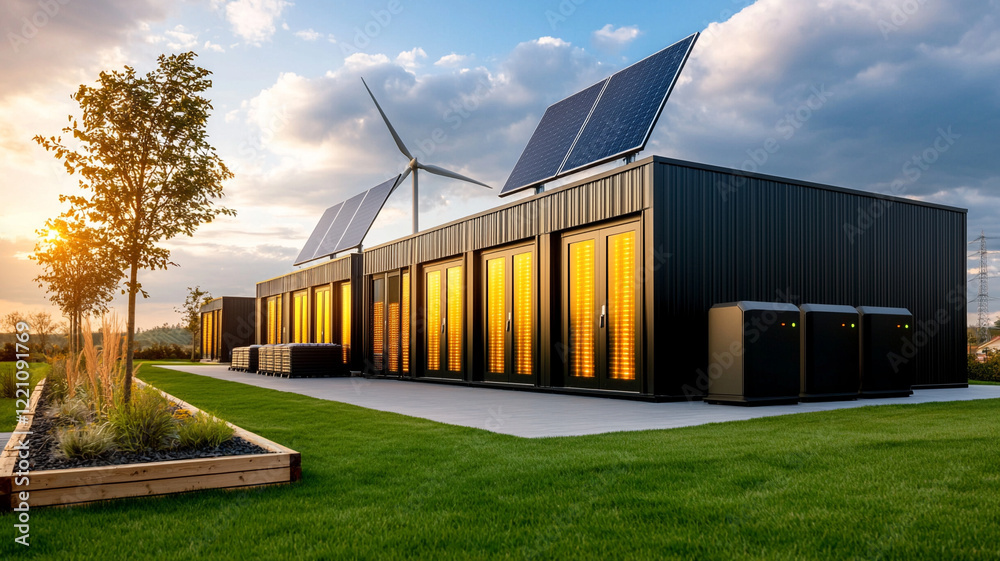 Sustainable modern home design, featuring solar panels, wind turbine ...