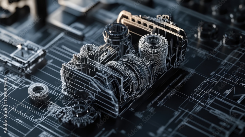 Complex gearbox design with technical blueprints and 3D printed ...