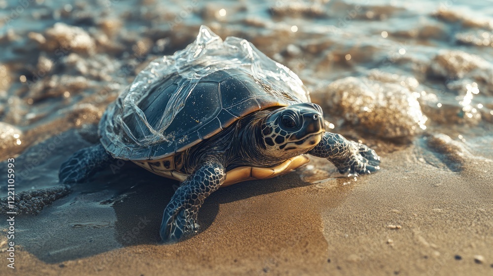 Turtle caught in a plastic bag amidst beach pollution, illustrating the ...