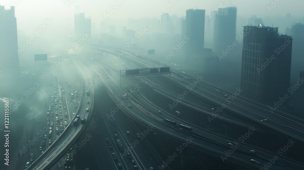 Massive highway system under a dense pollution layer, traffic ...
