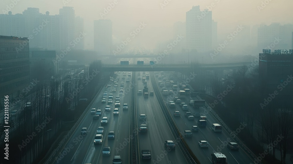 Massive highway system under a dense pollution layer, traffic ...