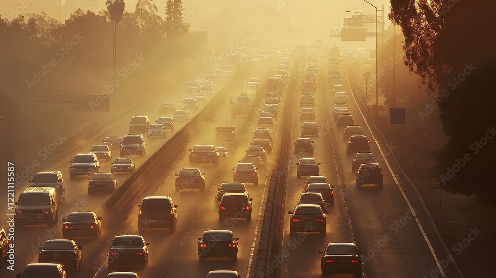 Massive highway system under a dense pollution layer, traffic ...
