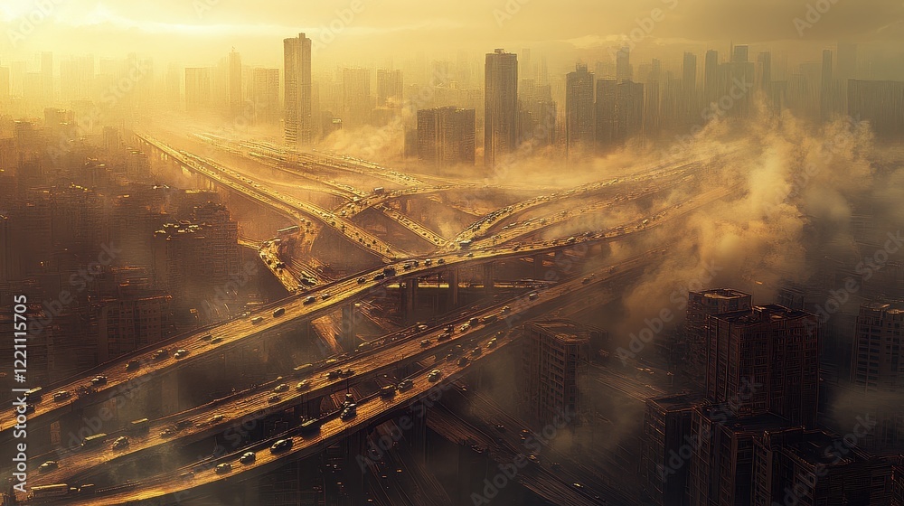 Massive highway system under a dense pollution layer, traffic ...