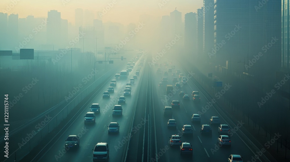 Massive highway system under a dense pollution layer, traffic ...