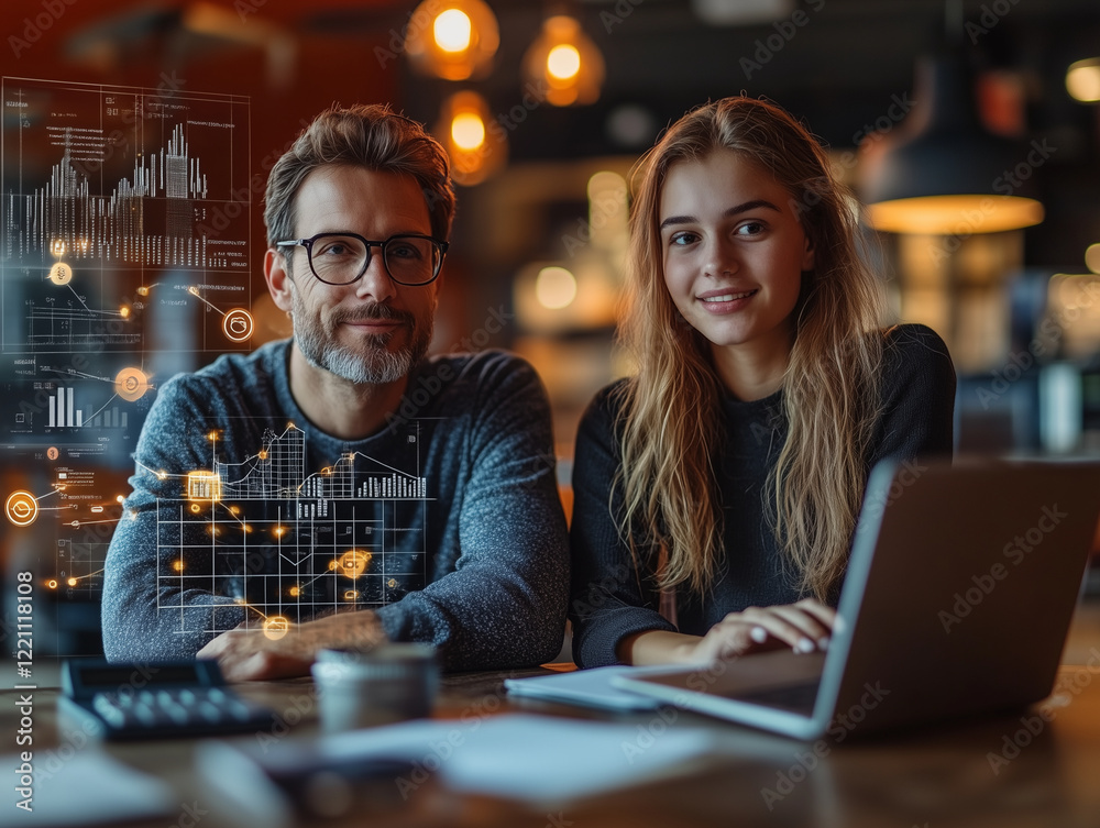 Marketers are sitting at table, man and girl, working on laptop with digital graphs and data ...