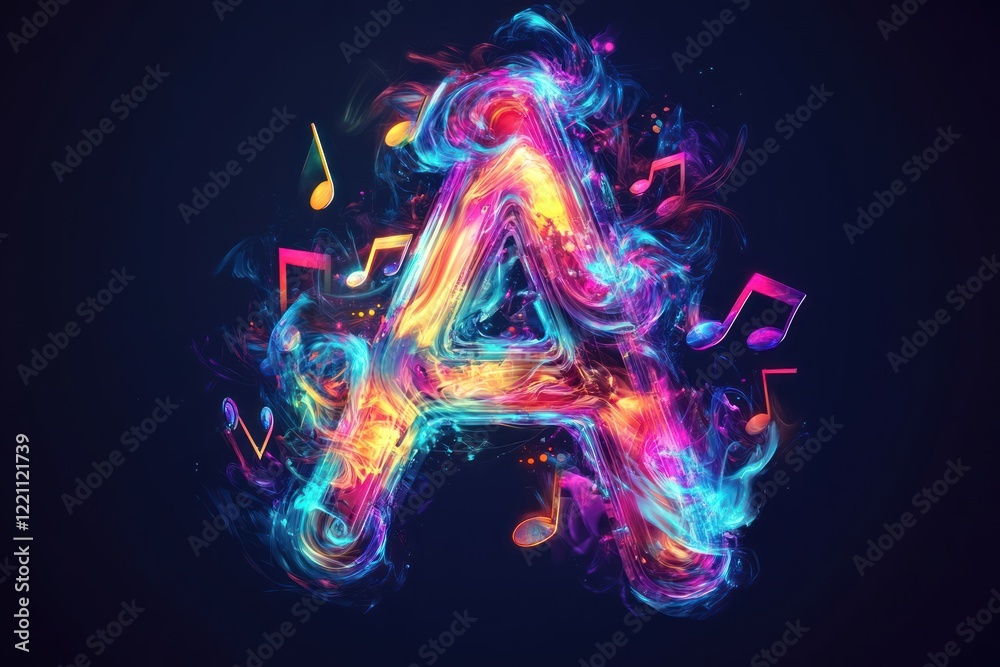 Colorful smoky letter A, music notes, dark background; album art ...