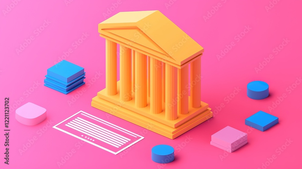 Colorful 3d model of a greek temple surrounded by geometric shapes ...