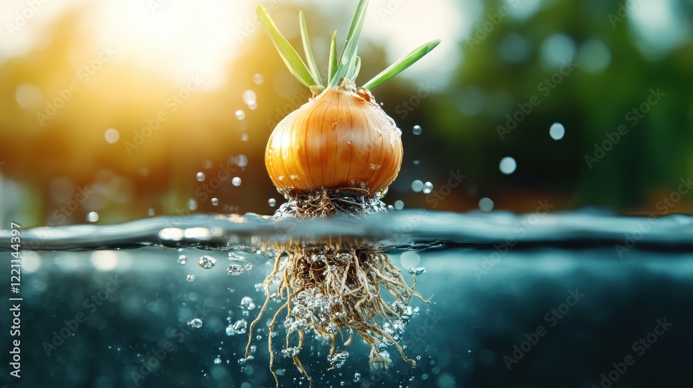 This eye-catching image features an onion with visible roots growing in ...