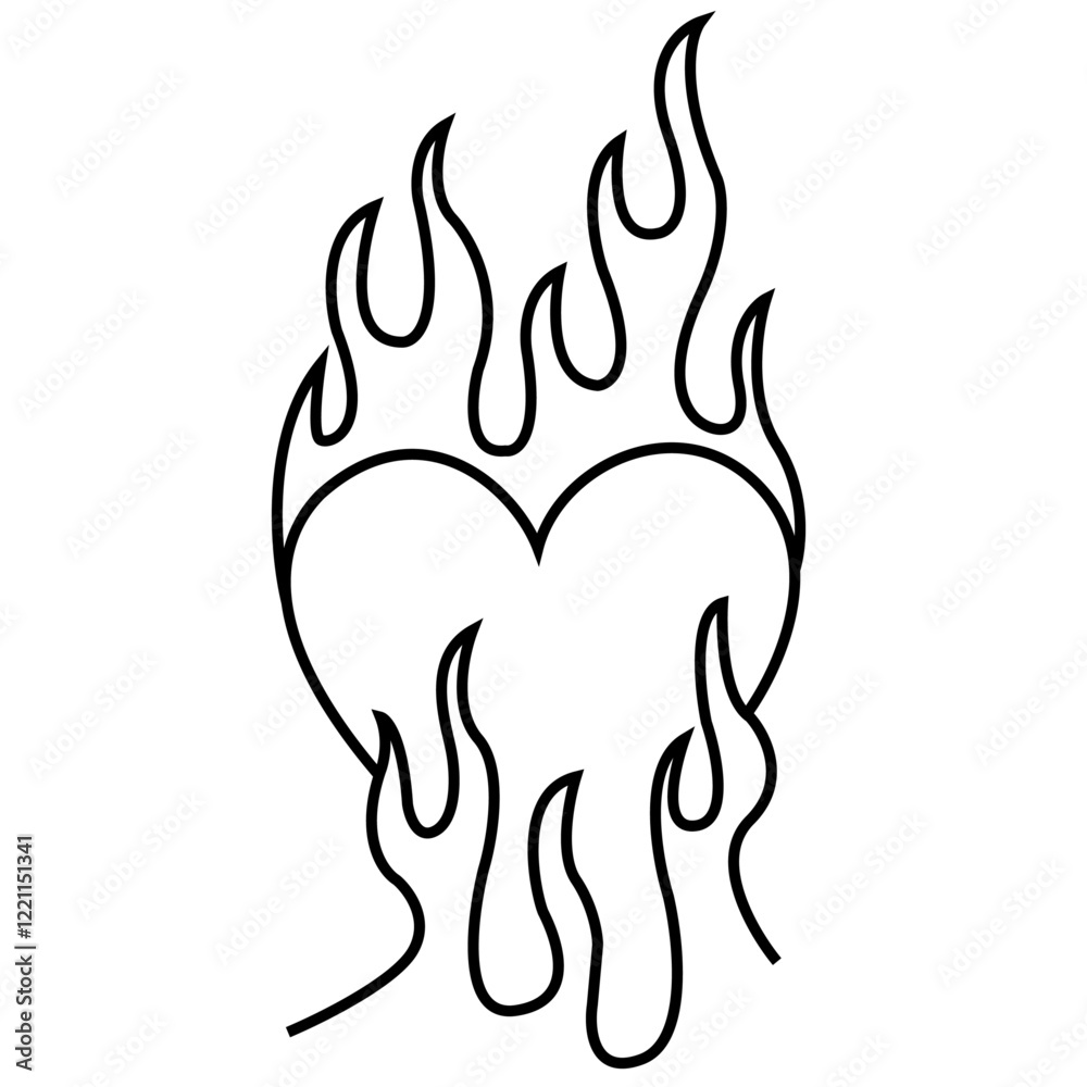 Heart with flames in outline style. Valentine’s Day designs, tattoo ...