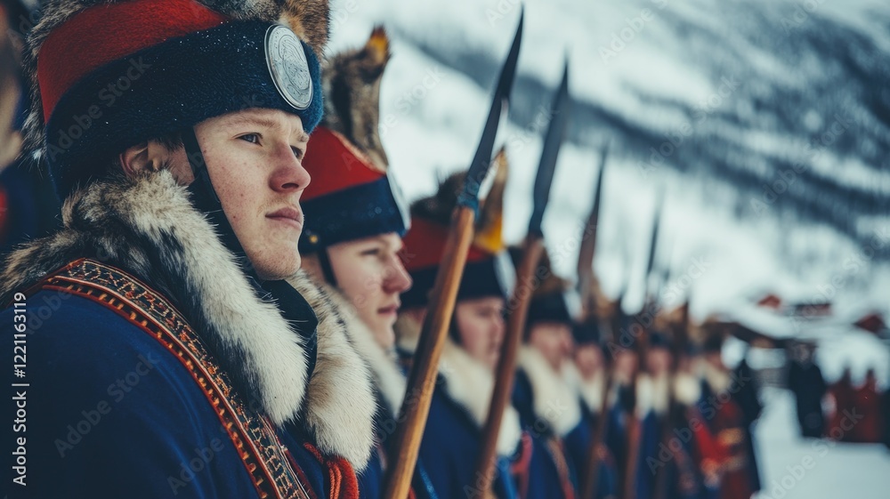 Indigenous people in traditional attire with spears snowy landscape ...