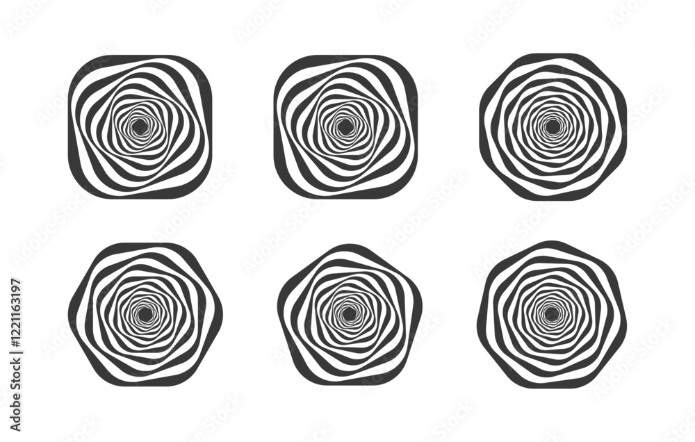 Abstract wavy spiral designs set in black and white with optical ...