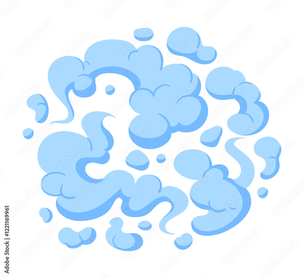Cartoon cloud. Blue smoke stream, dust comic book steaming cloud puffs ...